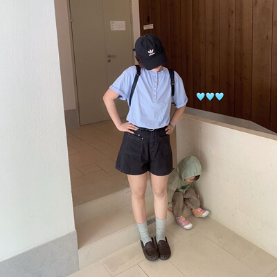 夏季简约高腰碳灰宽松短裤女