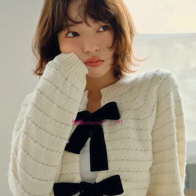 气质甜美蝴蝶结丝绒系带针织开衫