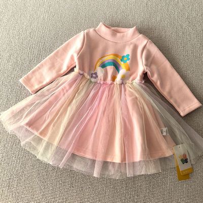 90-140码~冬装女童装 柔软弹力不倒绒拼纱长袖半高领连衣裙