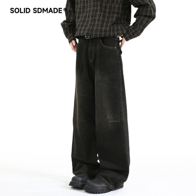 SOLIDSDMADE 美式高街水洗复古牛仔裤男秋季新款裂纹直筒休闲裤子