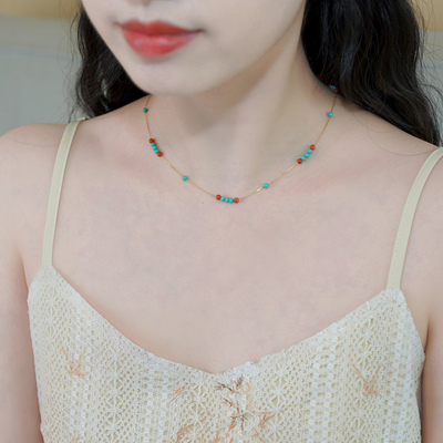 小众复古设计感纤细蓝松石红玛瑙项链新中式国潮锁骨链925银50814