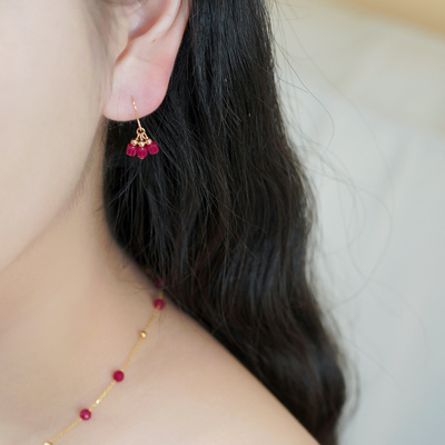 法式甜美少女气质红刚玉耳环14k包金耳钩优雅复古耳饰新中式50820