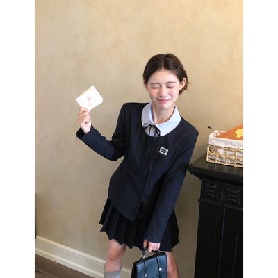 桃可了《少女祈祷》好版型西装外套+蓝色百褶半裙学院风两件套装