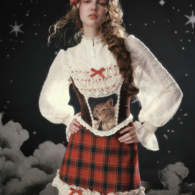 LaceMade 木偶猫的圣诞夜 法式圣诞套装甜辣鱼骨胸衣格纹半裙套装