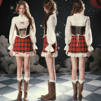 LaceMade 木偶猫的圣诞夜 法式圣诞套装甜辣鱼骨胸衣格纹半裙套装
