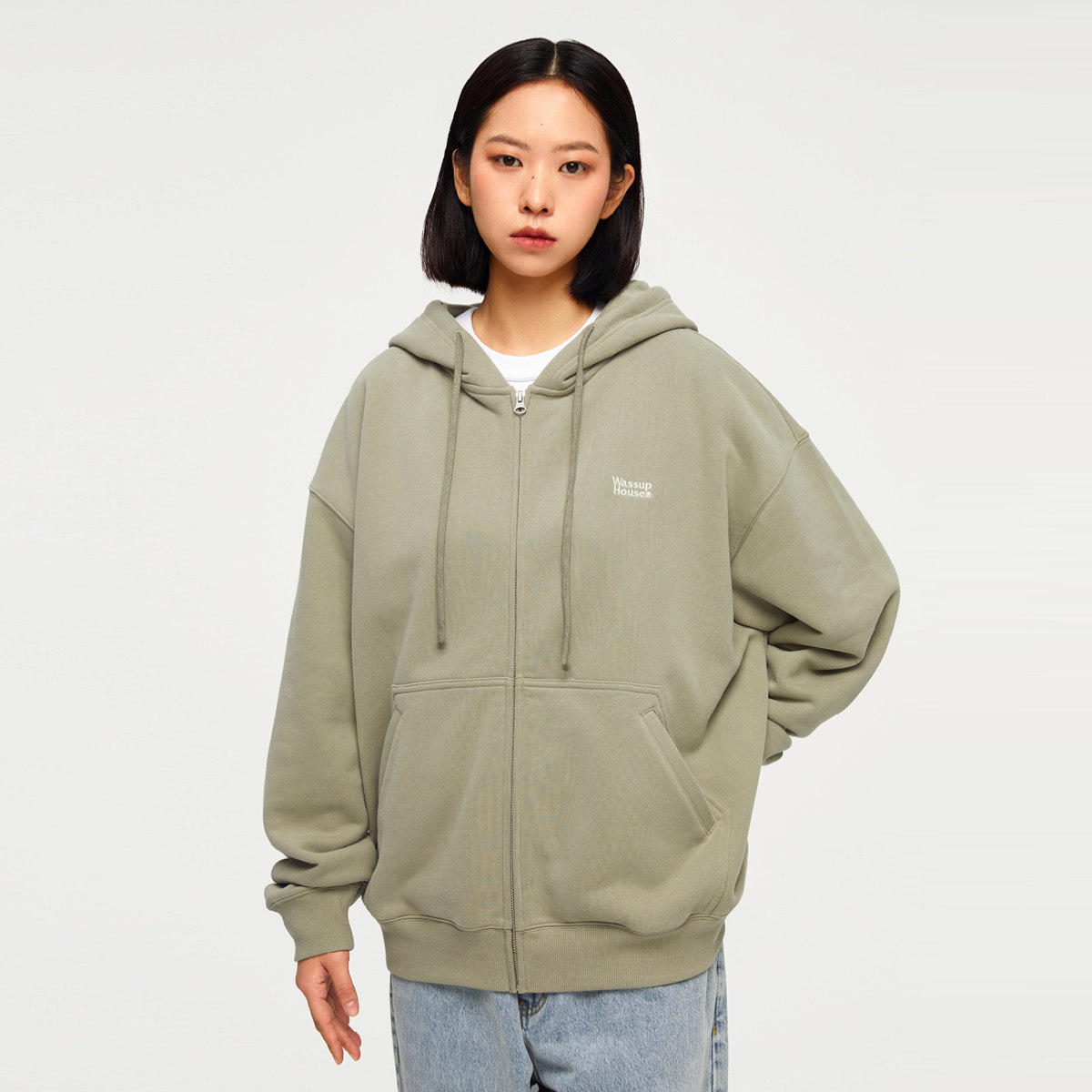 WASSUP大地色基础LOGO拉链卫衣男女重磅情侣连帽外套潮牌开衫上衣_虎窝淘