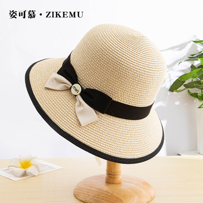 草帽女夏遮阳防晒渔夫帽法式优雅蝴蝶结显脸小盆帽时尚百搭太阳帽