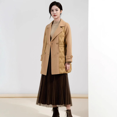 25冬新款羊毛拼接白鸭绒羽绒服中长款气质毛呢纯色外套HT43204