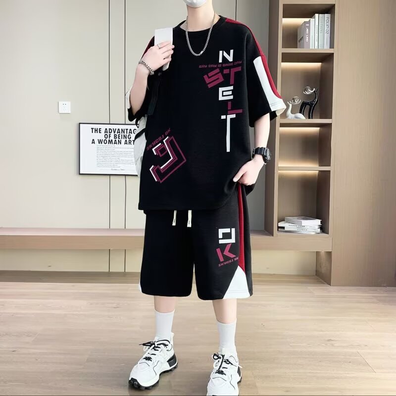 休闲运动套装男夏季潮流宽松大码一套衣服搭配短袖t恤短裤两件套