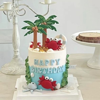 卡通立体巨蟹座蛋糕装饰软陶小螃蟹海边椰子树男生款星座甜品插件