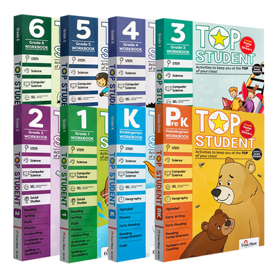 英文原版 Evan Moor 优等生综合教辅系列合集 幼儿园至小学六年级 Top Student Grade Prek-6 英语数学STEM科学 大音