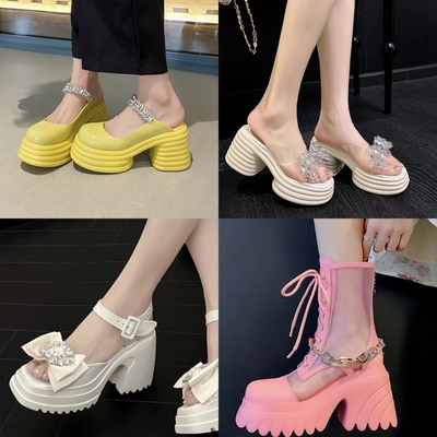 钰钰【139】小个子10cm厚底粗跟包头凉鞋女夏季真皮镂空罗马鞋女