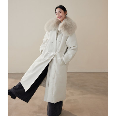 Ress.M十三行极简时尚保暖加厚过膝外套狐狸毛大翻领羽长款羽绒服