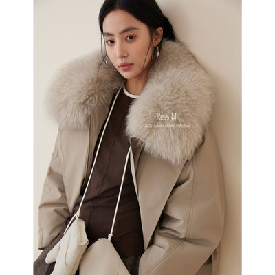 Ress.M十三行极简90白鸭绒加厚保暖外套狐狸毛大翻领短款羽绒服女