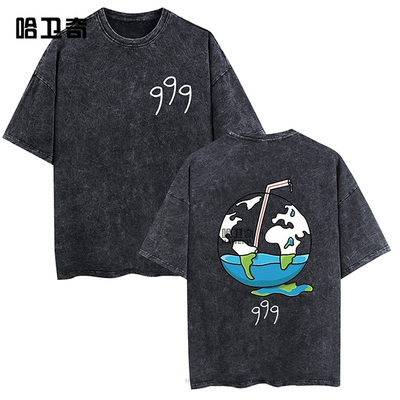 美式嘻哈高街宽松说唱歌手juicewrld 999水洗纯棉复古水洗短袖T恤