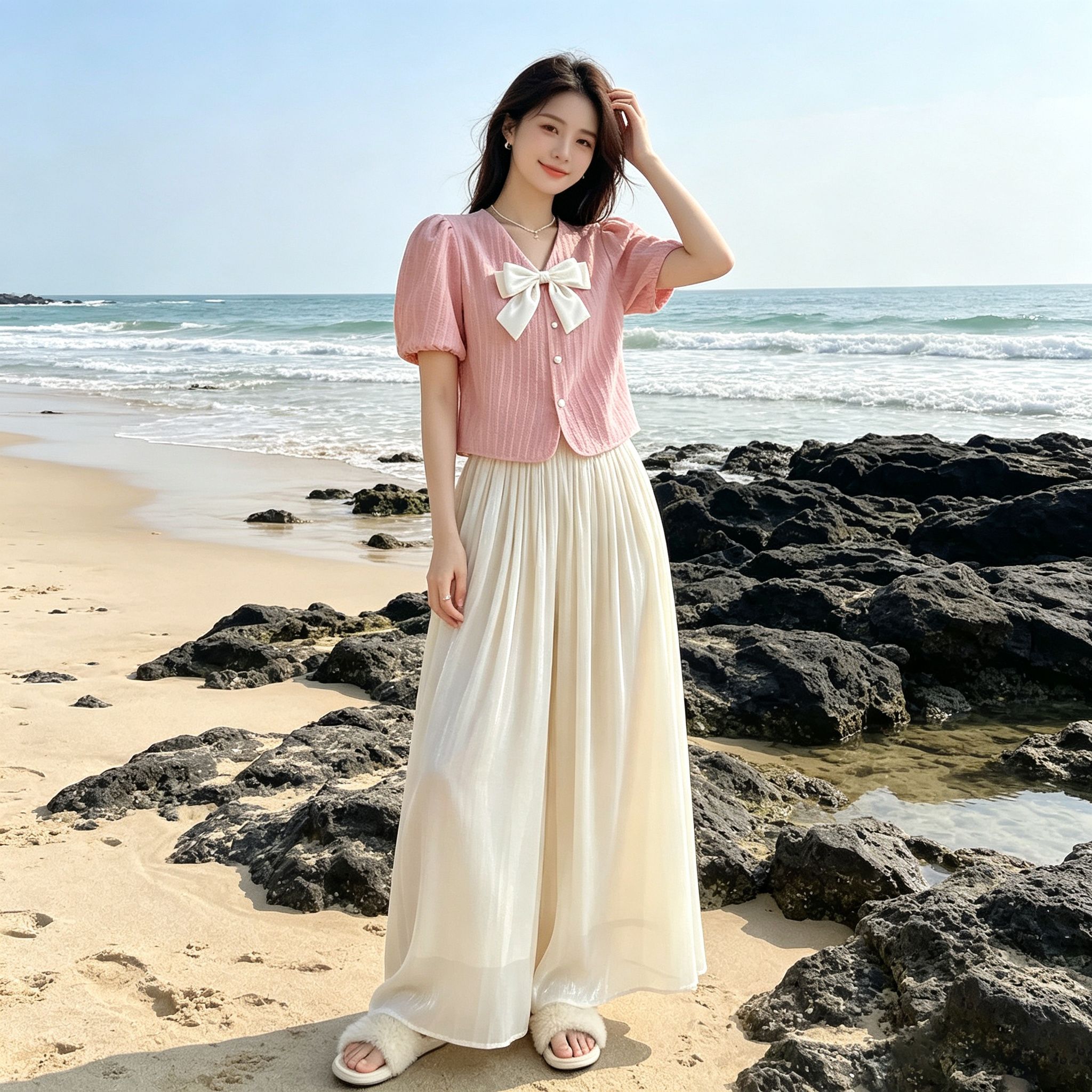 女夏海鸥皱冰丝阔腿裤薄款裤子慵懒风垂感休闲粉红蝴蝶结衬衫套装