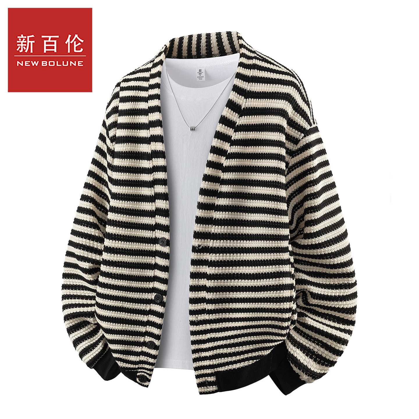 新百伦美式复古V领慵懒风上衣外套秋季新品宽松设计条纹针织开衫