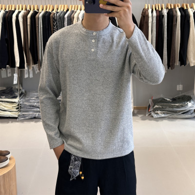QFO秋季男高端简约纯色亨利领长袖T恤卫衣美式宽松休闲内搭打底衫
