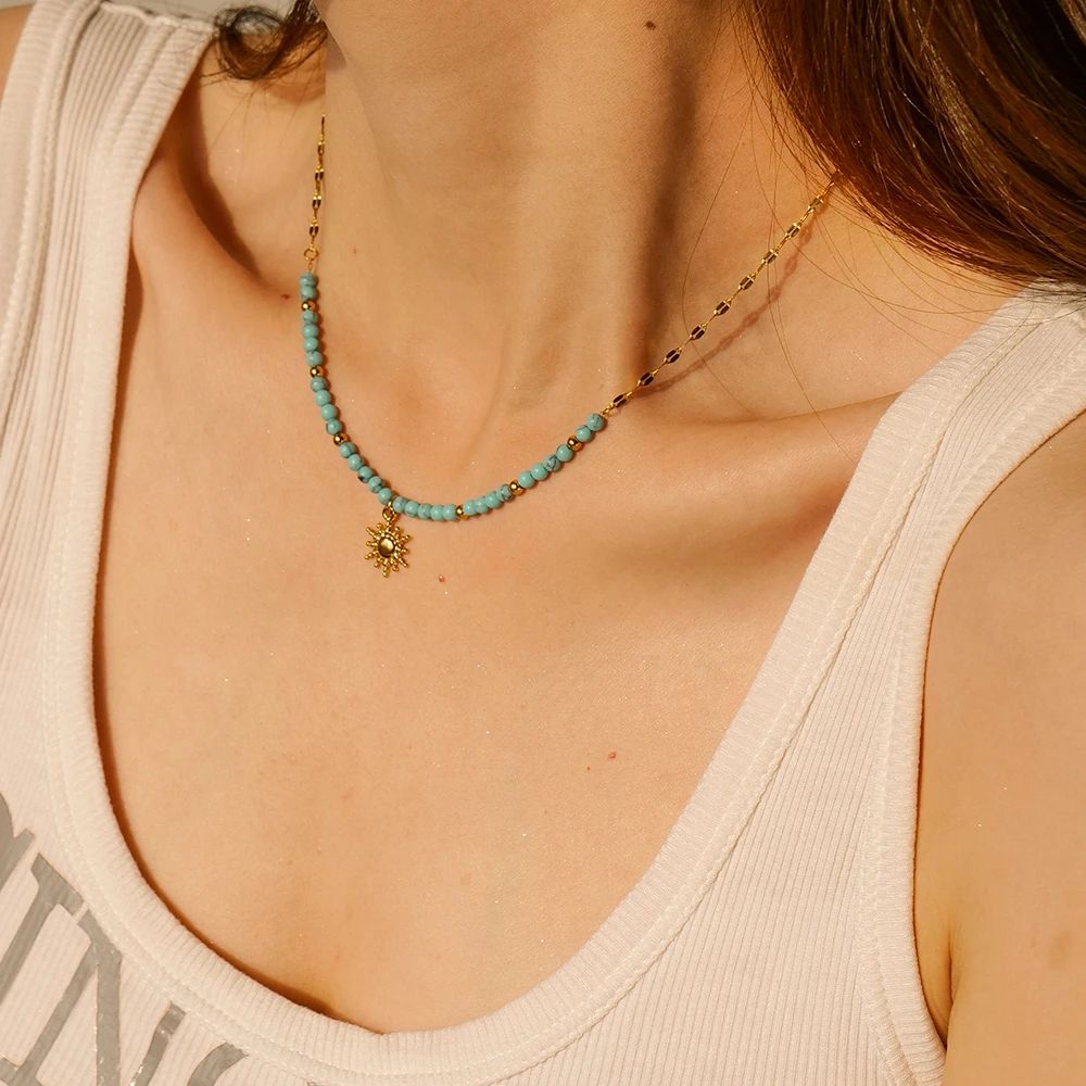 Bohemia Stainless Steel Turquoise Sun Pendant Necklace For S
