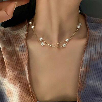 Double Beads Neck Chain Kpop Pearl Choker Necklace Gold Colo