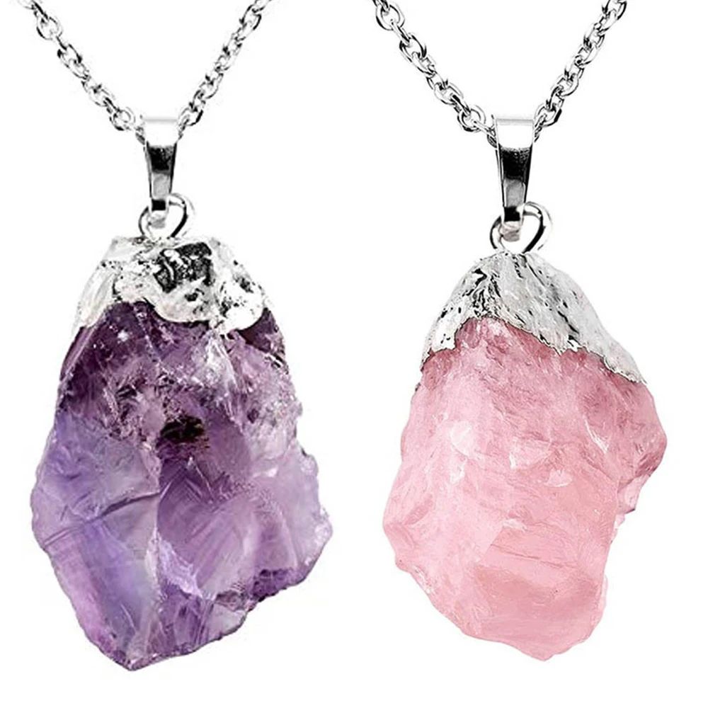 Natural Amethyst Rose Quartz Raw Stone Pendant Irregular Cha