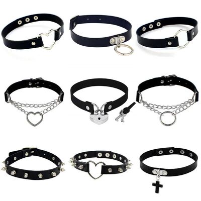 Punk PU Leather Lock Key Heart Round Spike Rivet Collar Stud