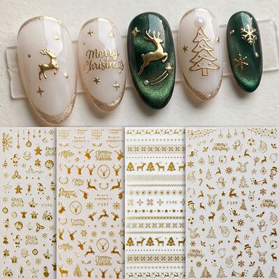 3-4pcs Golden Snowflake Christmas Nail Stickers Winter Reind