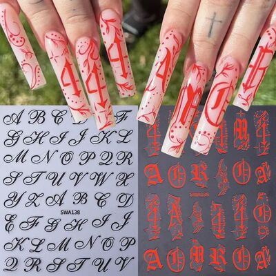 2/5pcs Gothic Roman Letter Nail Stickers Y2K Black Red Alpha