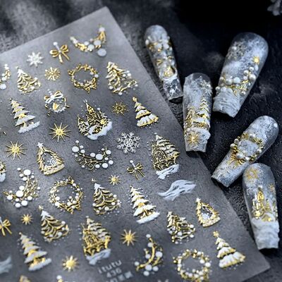 5D Embossed Gold Castle/Garland/Christmas Tree Nail Stickers