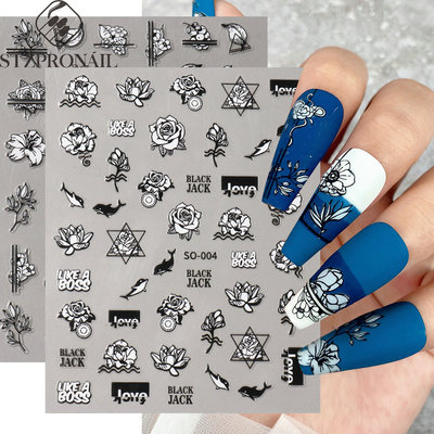 Nail Stickers Simple Black And White Geometric Flowers Sprin