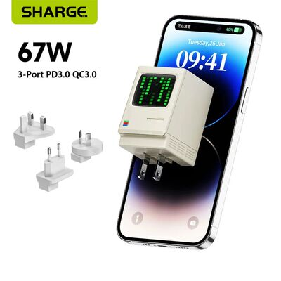 67W GaN Charger 3-Port USB C Quick Charge PD 3.0 Foldable Creative Display Charger for Macbook iPhon