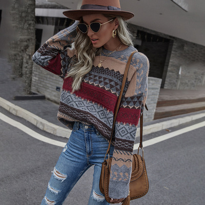 Autumn And Winter Knitted Jacquard Contrast Color Round Neck