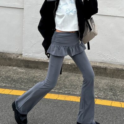 秋季新款韩国个性荷叶花边裙摆假两件短裙长裤修身喇叭裤纯色街头