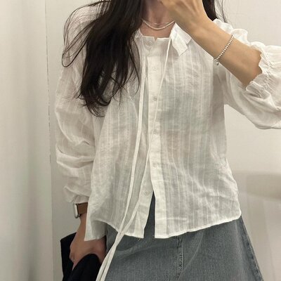 韩国chic 春日单排扣 棉提花 飘带长袖衬衫+麻花毛衣背心