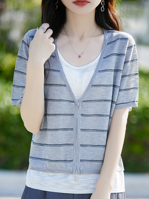 假两件套拉炼短袖t恤夏季2025新底衬衫西方风格加码妇女冰丝绸针