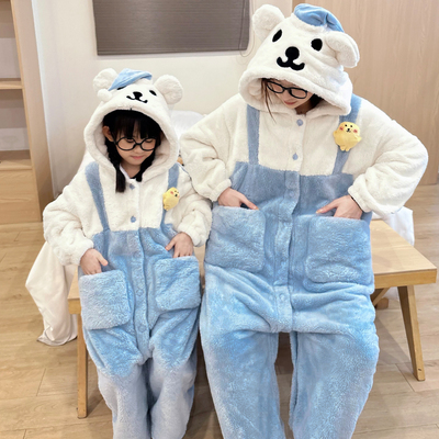 可爱超萌母女连体睡衣冬季加厚法兰绒长款睡裙珊瑚绒亲子款家居服