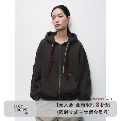 11st crops*fringed hoodie 多帽绳水洗毛边结构开衫卫衣外套