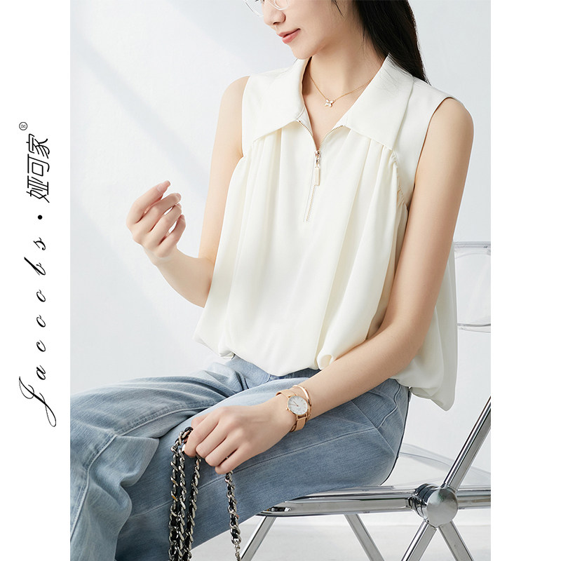 JACOOBS娅可家【夏日幻想】奶白色背心女夏时尚翻领无袖蓬松上衣_虎窝淘