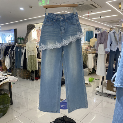 高腰蕾丝拼接假两件阔腿牛仔裤