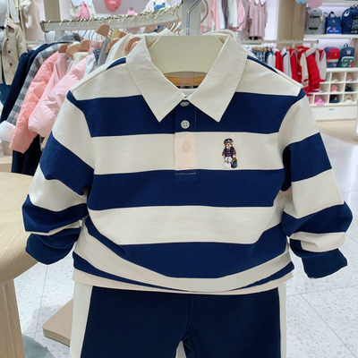 春秋新款男童装翻领条纹长袖T恤