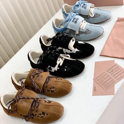 25新款miu家时尚休闲运动阿甘鞋真皮系带豹纹拼接德训鞋舒适百搭