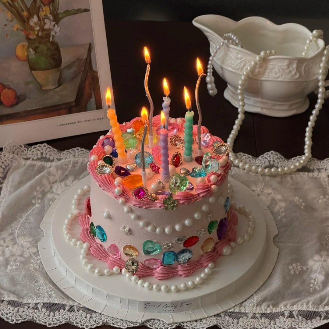 彩色复古宝石生日蛋糕装饰扭扭螺旋蜡烛大小混合水晶宝石烘焙装扮