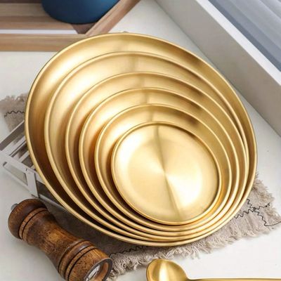 2Pcs/Set Thickened Stainless Steel Golden Round Fruit Plate