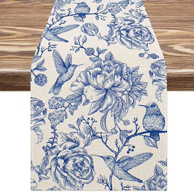 Blue White Linen Table Runners Retro Monochrome Sketch Bird