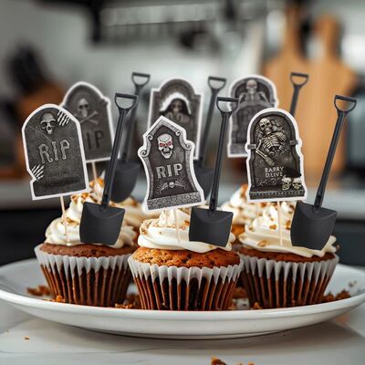 16/32Pcs Halloween Horror Cupcake Topper Tombstone Skeleton