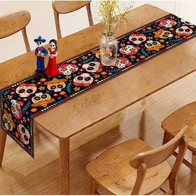 Day Of The Dead Table Runner Flower Skull Print Tablecloth H