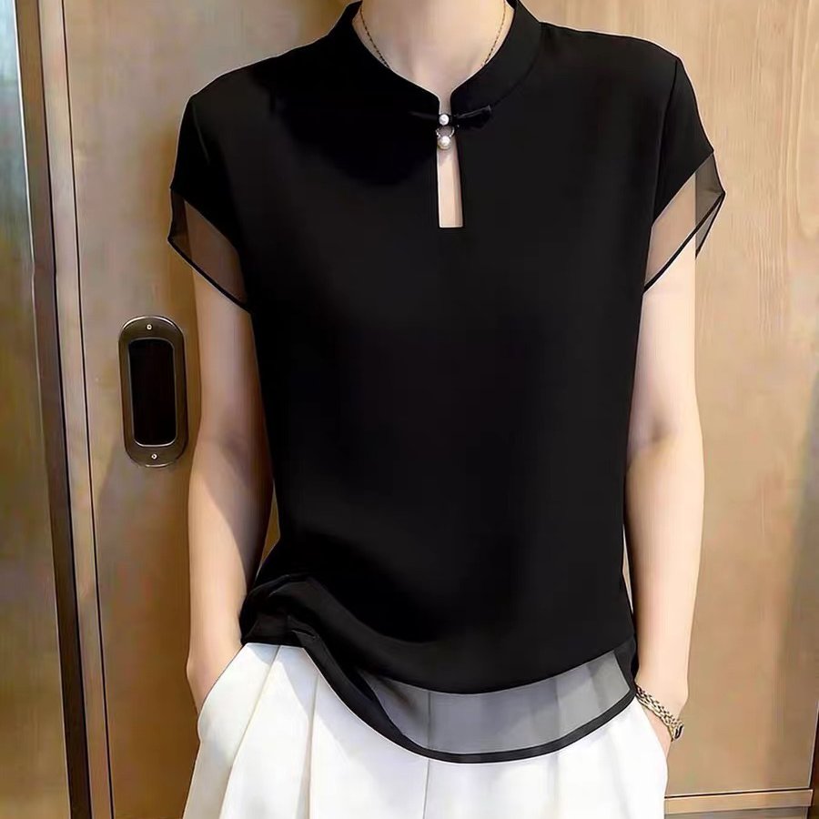 时尚新款新中式盘扣短袖上衣女显瘦气质黑色通勤休闲日常通勤衬衫