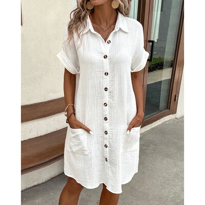 Vintage Women Solid Mini Dress SummerV-neck Three Quater Sle