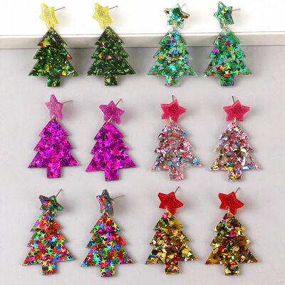 New Glitter Acrylic Christmas Tree Drop Earrings for Women T