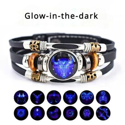 Twelve Constellations Luminous Leather Bracelet Retro Multi-